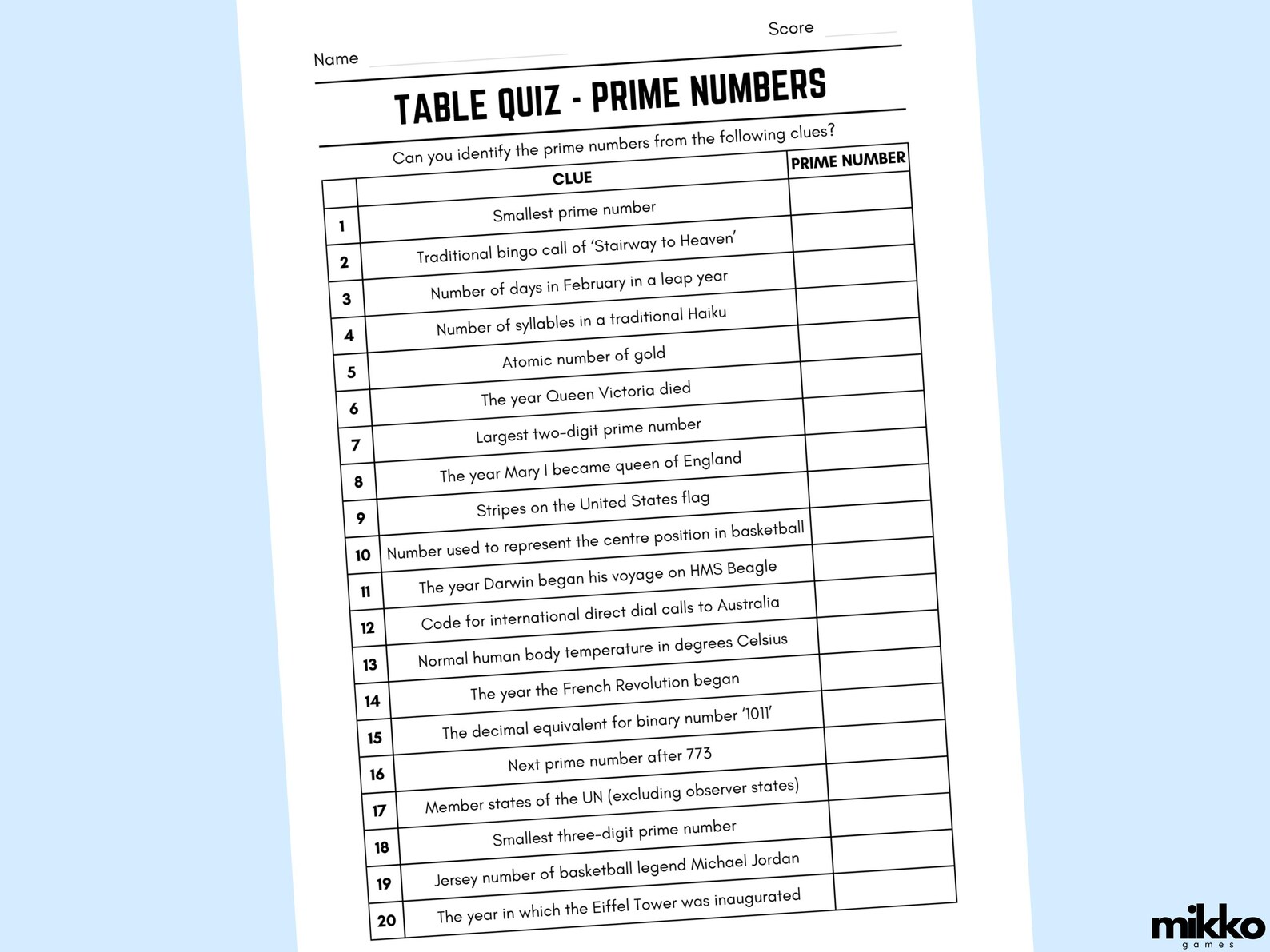 Printable Prime Numbers Table Quiz With Answers: Downloadable Pub Quiz ...