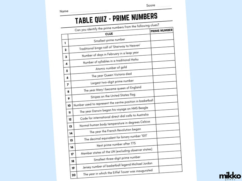 Printable Prime Numbers Table Quiz With Answers: Downloadable Pub Quiz ...