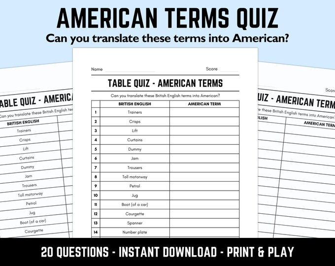 Printable American Terms Table Quiz With Answers: Downloadable Pub Quiz ...