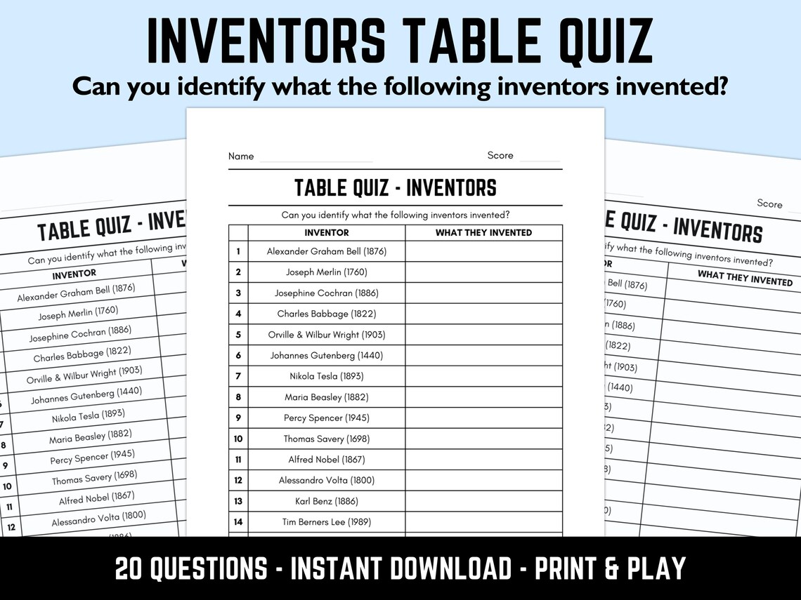 Printable Inventors Table Quiz With Answers | Downloadable Pub Quiz ...