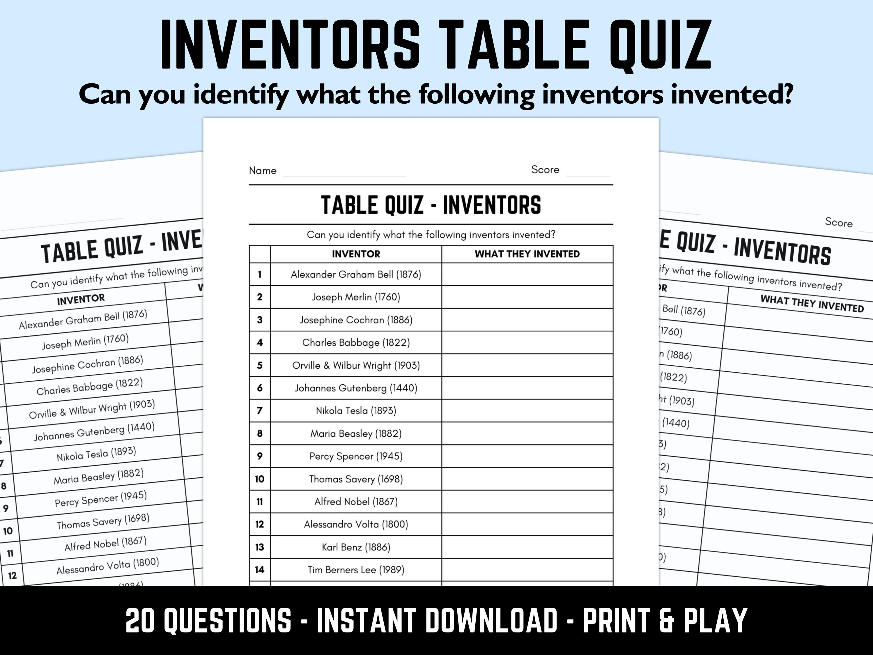 Printable Inventors Table Quiz With Answers | Downloadable Pub Quiz ...