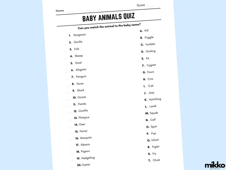 Printable Baby Animals Match up Quiz With Answers | Picture Round Quiz ...