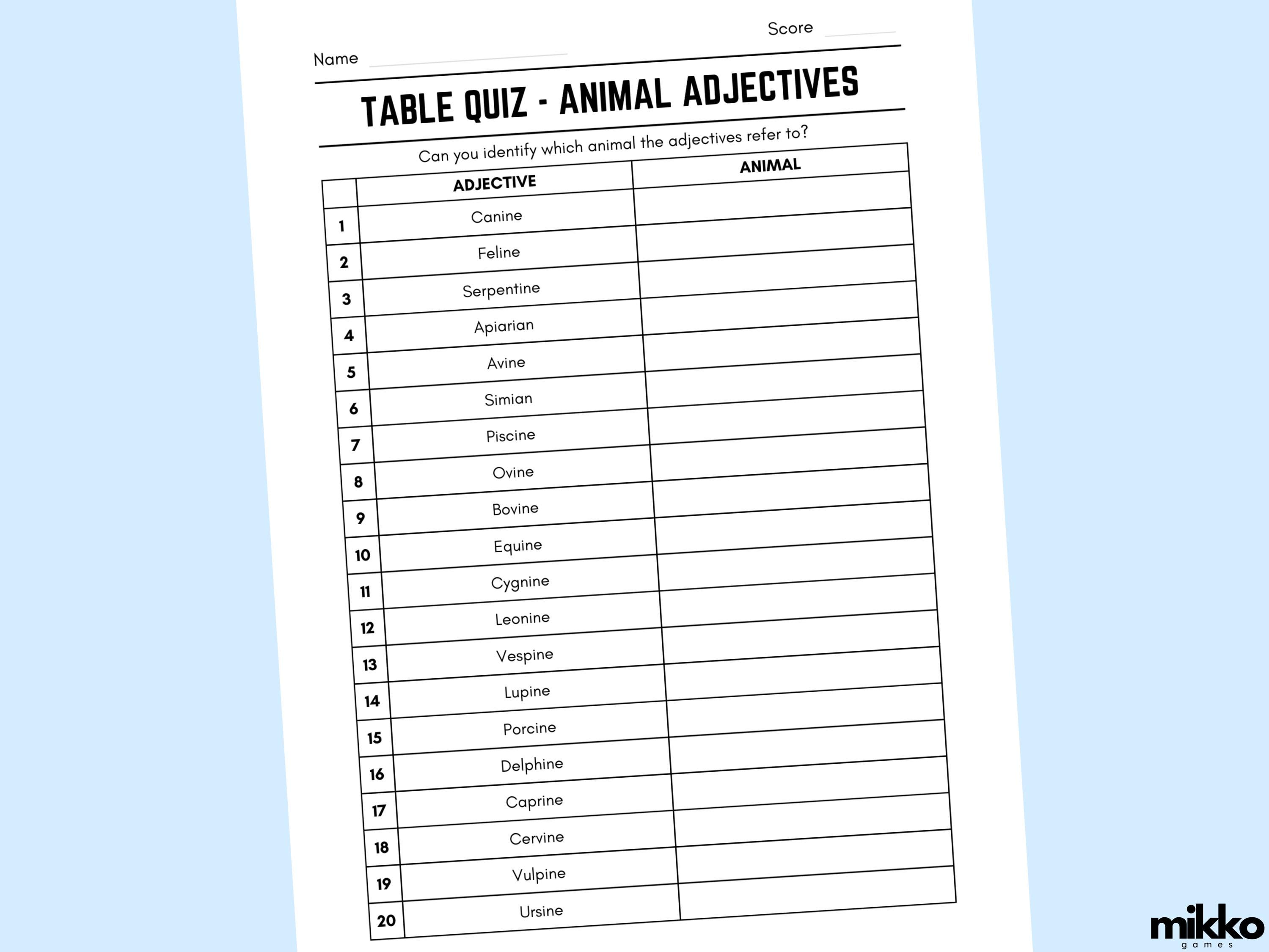 Printable Animal Adjectives Table Quiz With Answers | Downloadable Pub ...