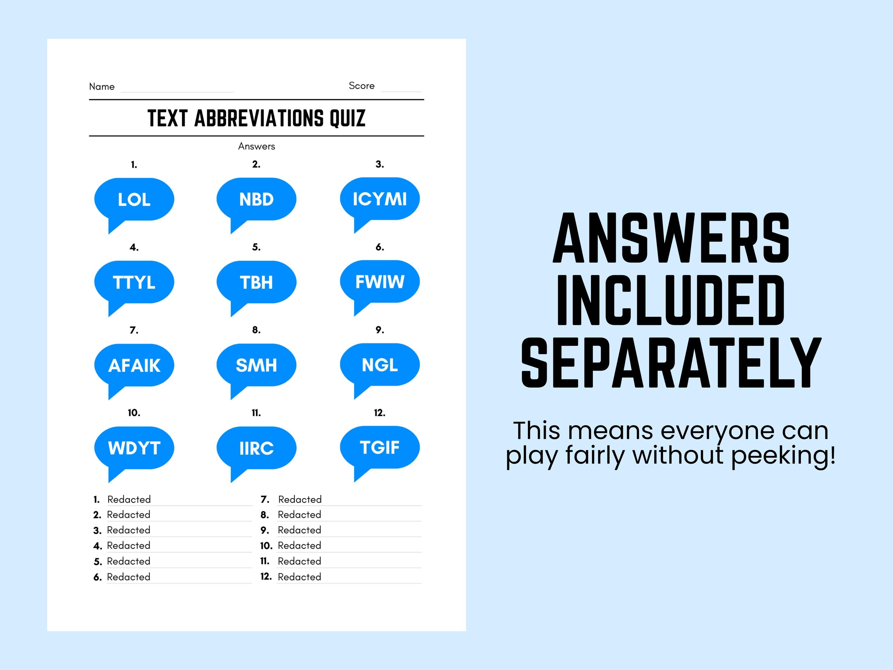 Printable Text Abbreviations Picture Quiz With Answers: Picture Round ...