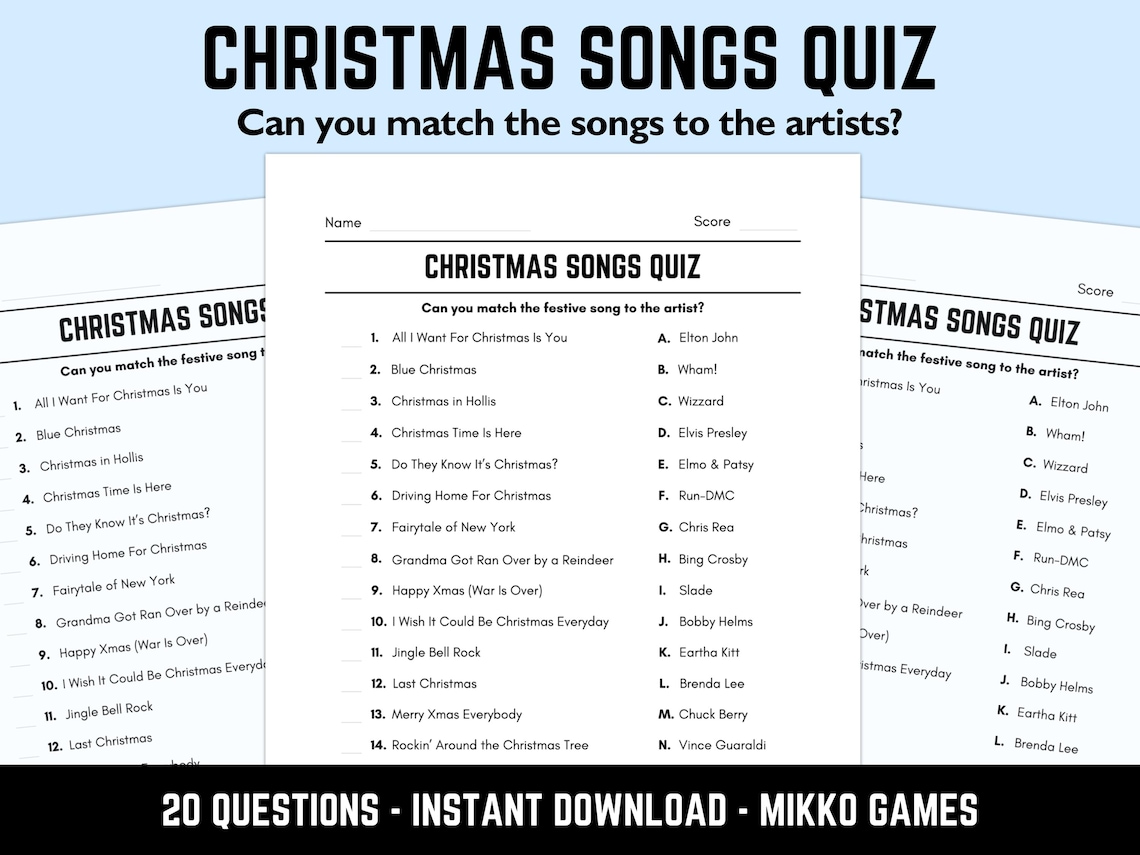 Printable Christmas Songs Match up Quiz: Downloadable Table Quiz, Pub ...