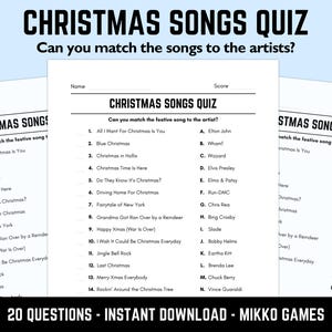 Printable Christmas Songs Match up Quiz: Downloadable Table Quiz, Pub ...