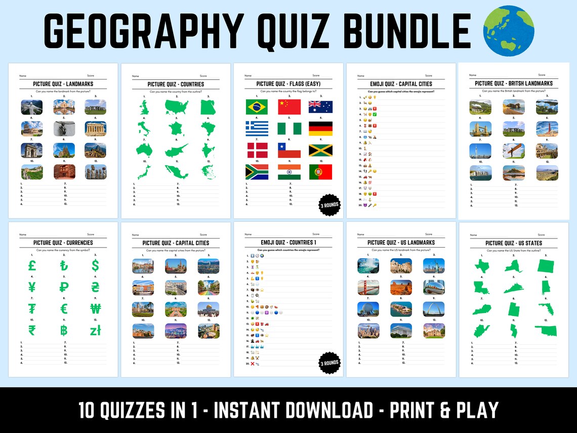 Printable Geography Quiz Bundle 10 Fun Quizzes in 1 Pub Quiz Question ...