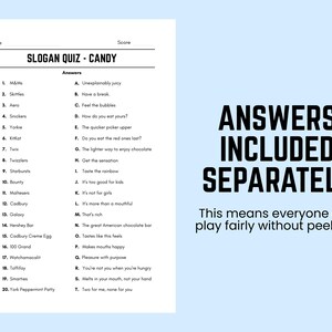 Printable Candy Slogan Match up Quiz: Downloadable Table Quiz, Pub Quiz ...