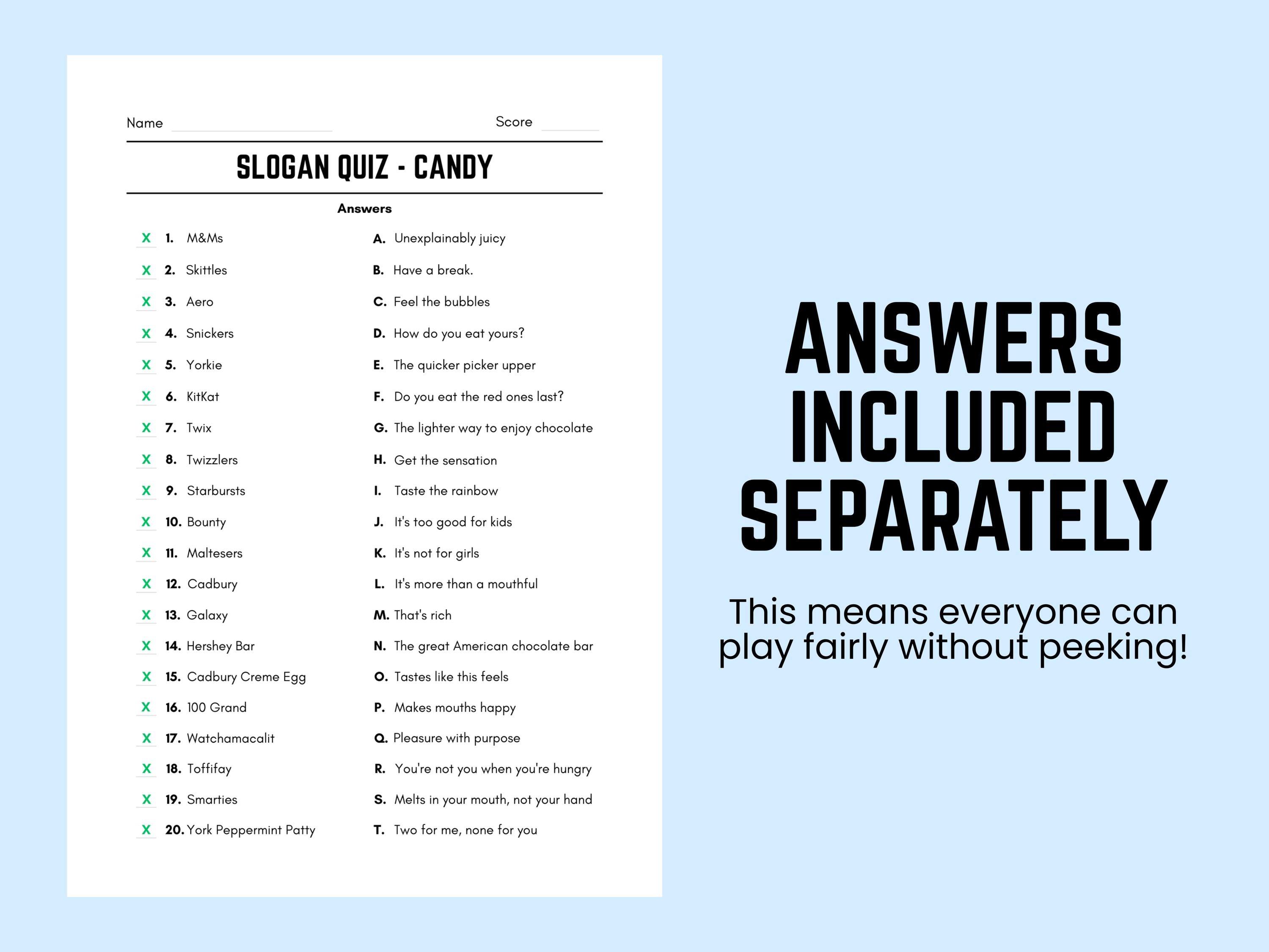 Printable Candy Slogan Match up Quiz: Downloadable Table Quiz, Pub Quiz ...