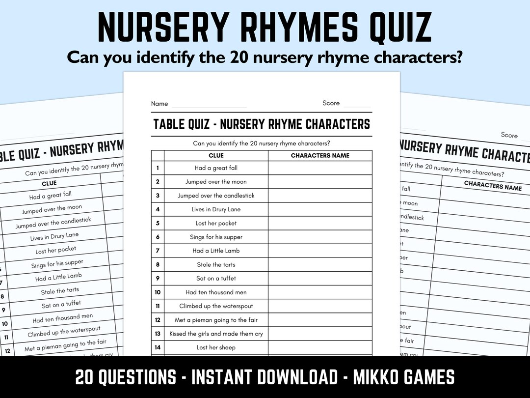 Printable Nursery Rhyme Characters Table Quiz With Answers ...