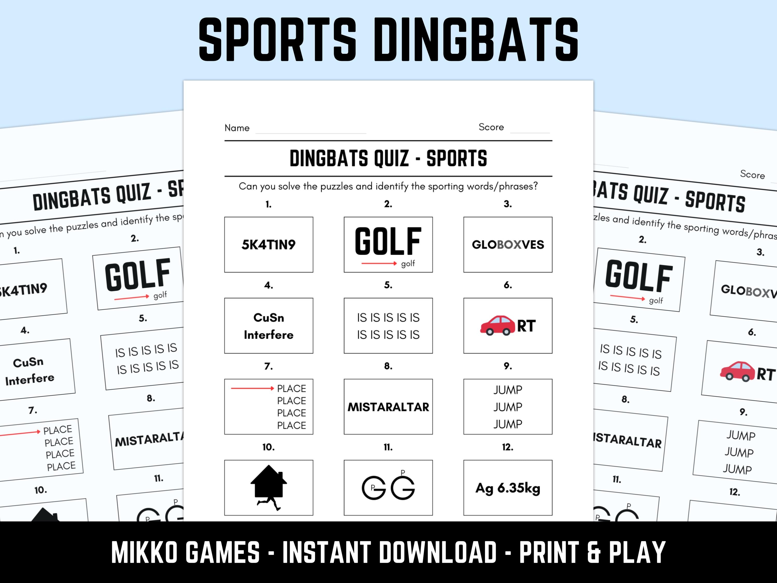 Printable Sports Dingbats Picture Quiz With Answers: Downloadable Rebus ...