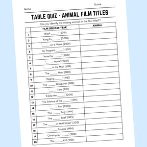 Printable Animal Film Titles Table Quiz With Answers | Downloadable Pub ...