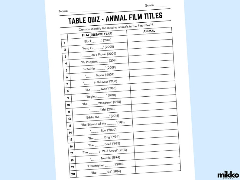 Printable Animal Film Titles Table Quiz With Answers | Downloadable Pub ...