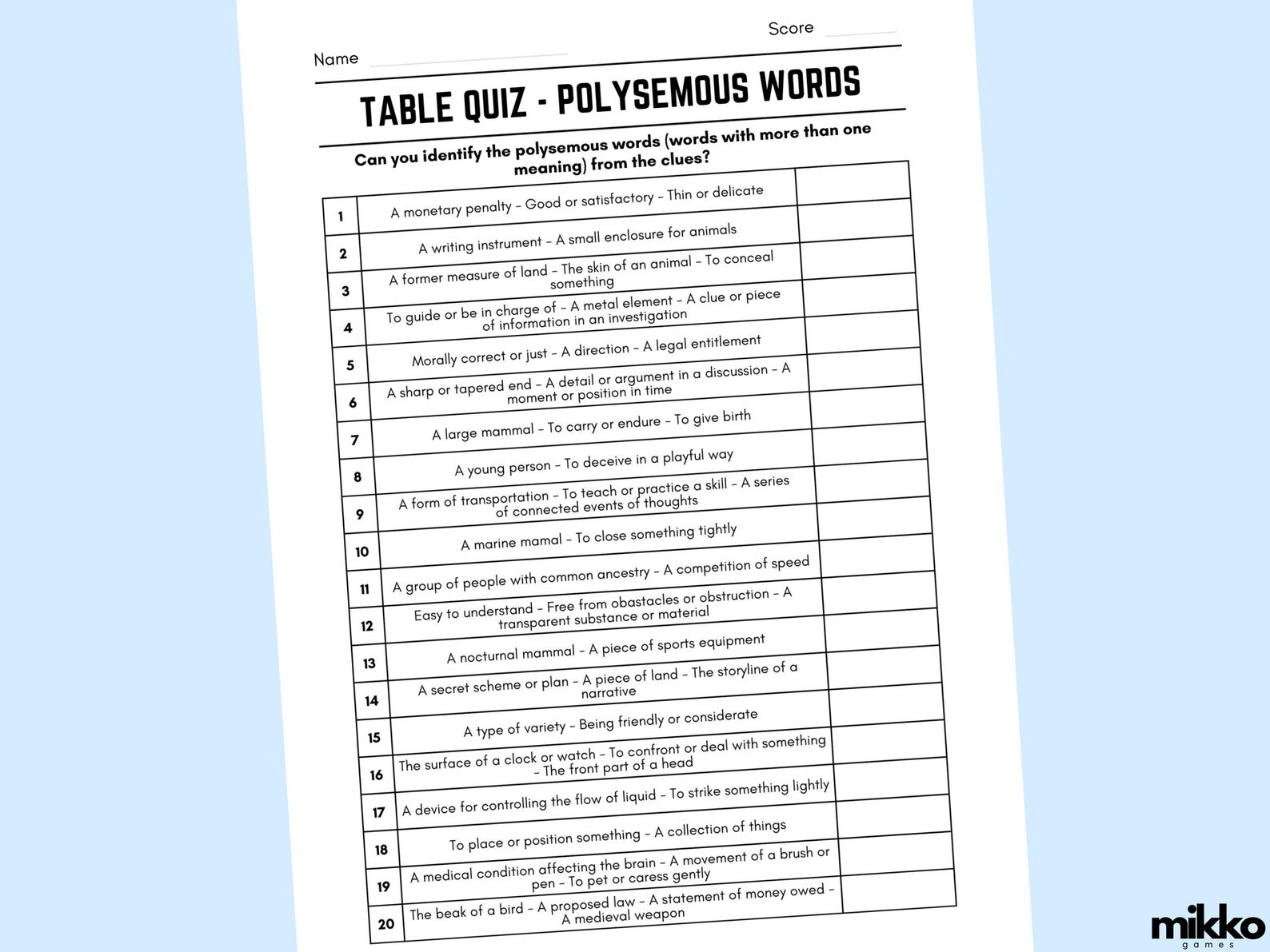 Printable Polysemous Words Table Quiz With Answers | Downloadable Pub ...