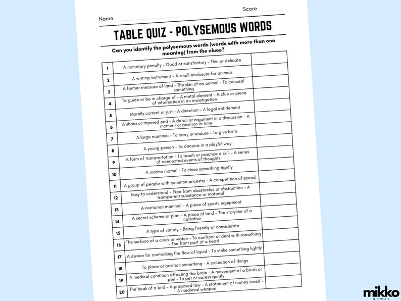 Printable Polysemous Words Table Quiz With Answers | Downloadable Pub Quiz Sheets, Trivia ...