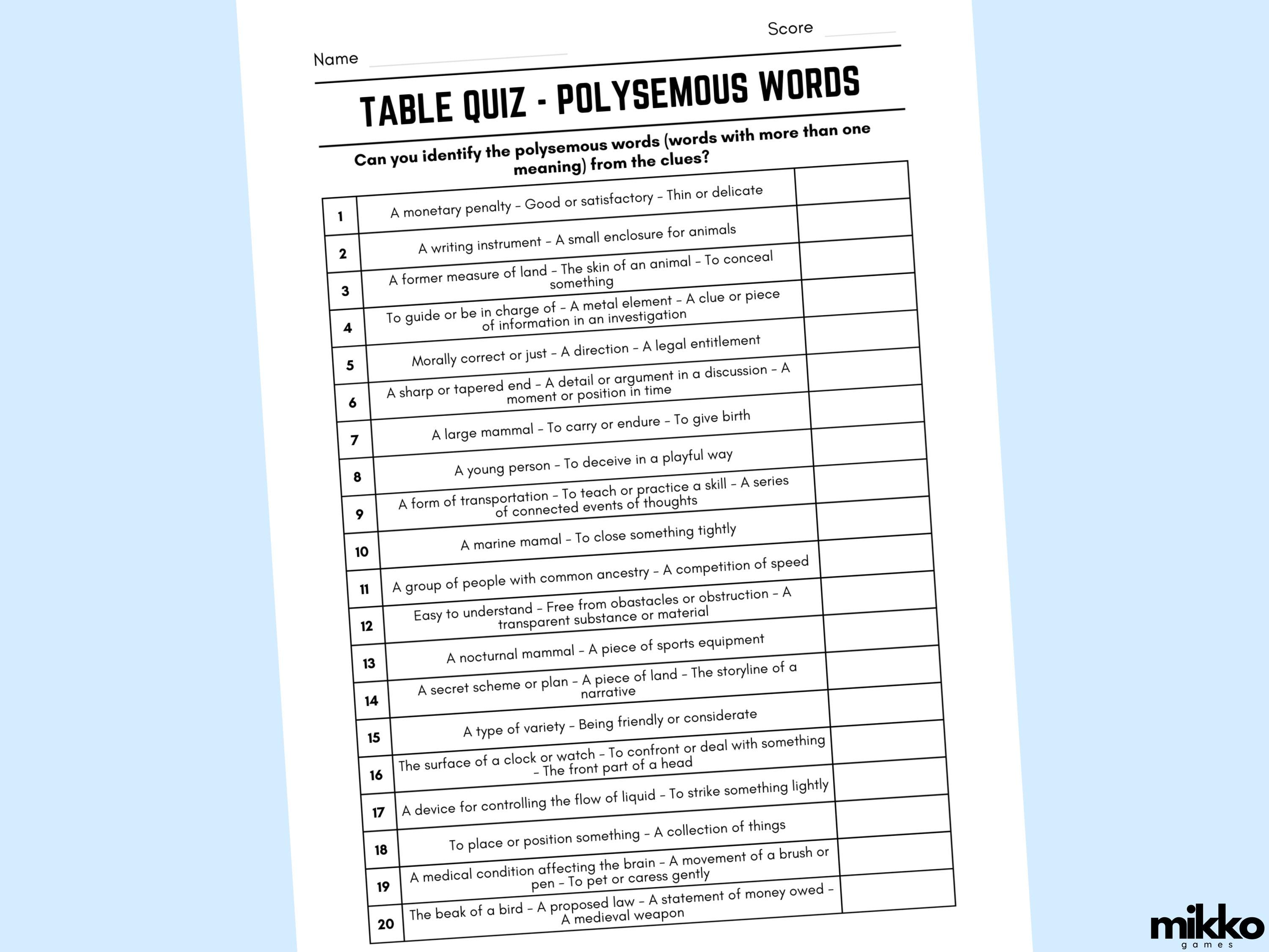 Printable Polysemous Words Table Quiz With Answers | Downloadable Pub ...
