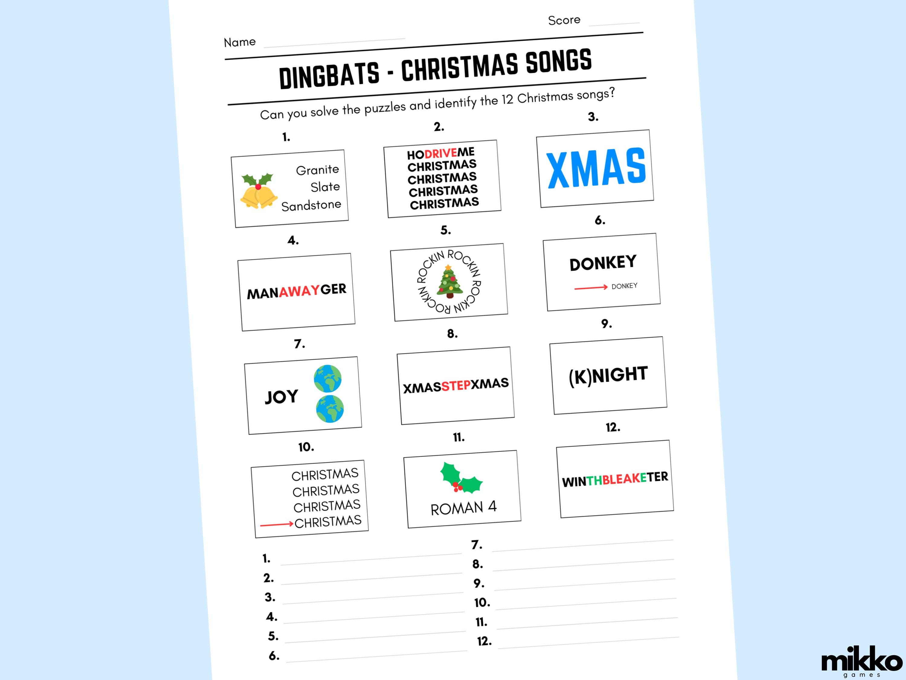 Printable Christmas Songs Dingbats Picture Quiz With Answers ...
