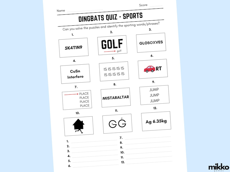 Printable Sports Dingbats Picture Quiz With Answers: Downloadable Rebus ...