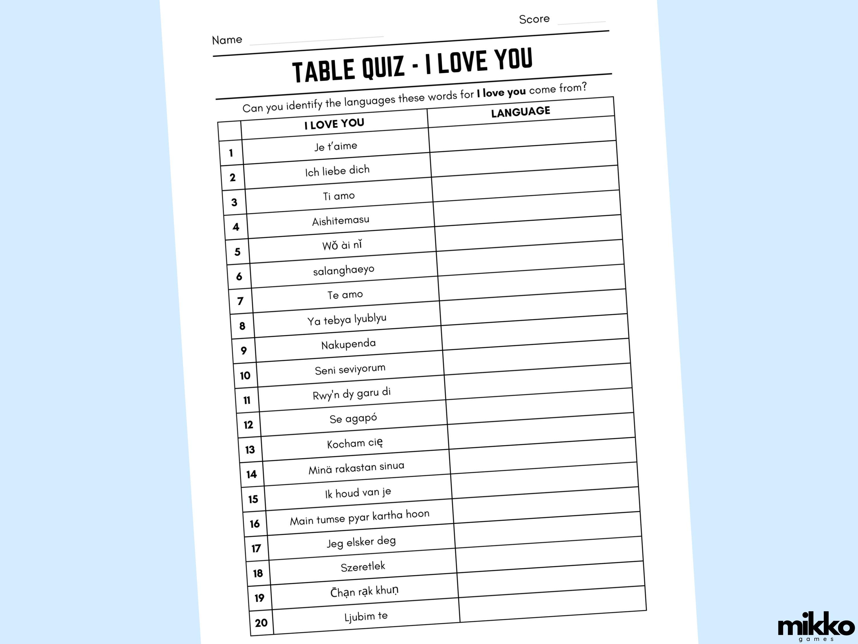 Printable I Love You Table Quiz With Answers: Downloadable Pub Quiz ...