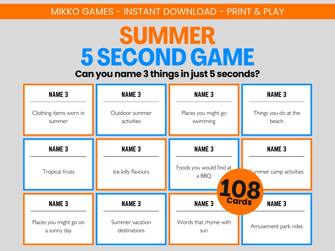 Summer 5 Second Game - Printable Party Game | Downloadable 5 Second ...