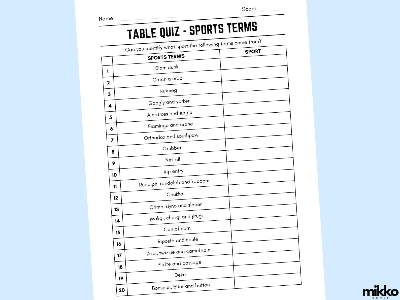 Printable Sports Terms Table Quiz With Answers: Downloadable Pub Quiz ...
