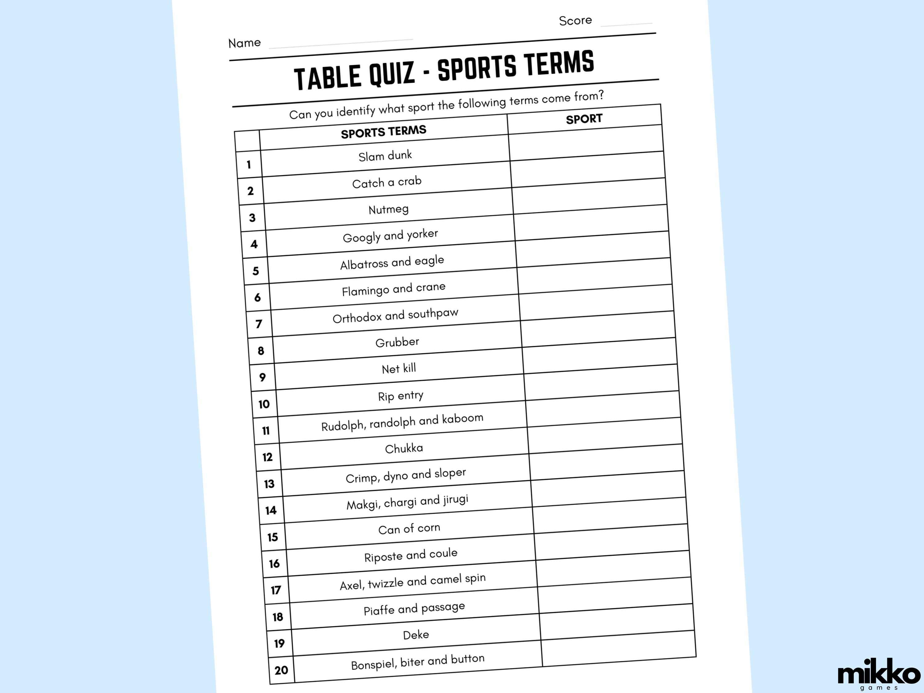 Printable Sports Terms Table Quiz With Answers: Downloadable Pub Quiz ...