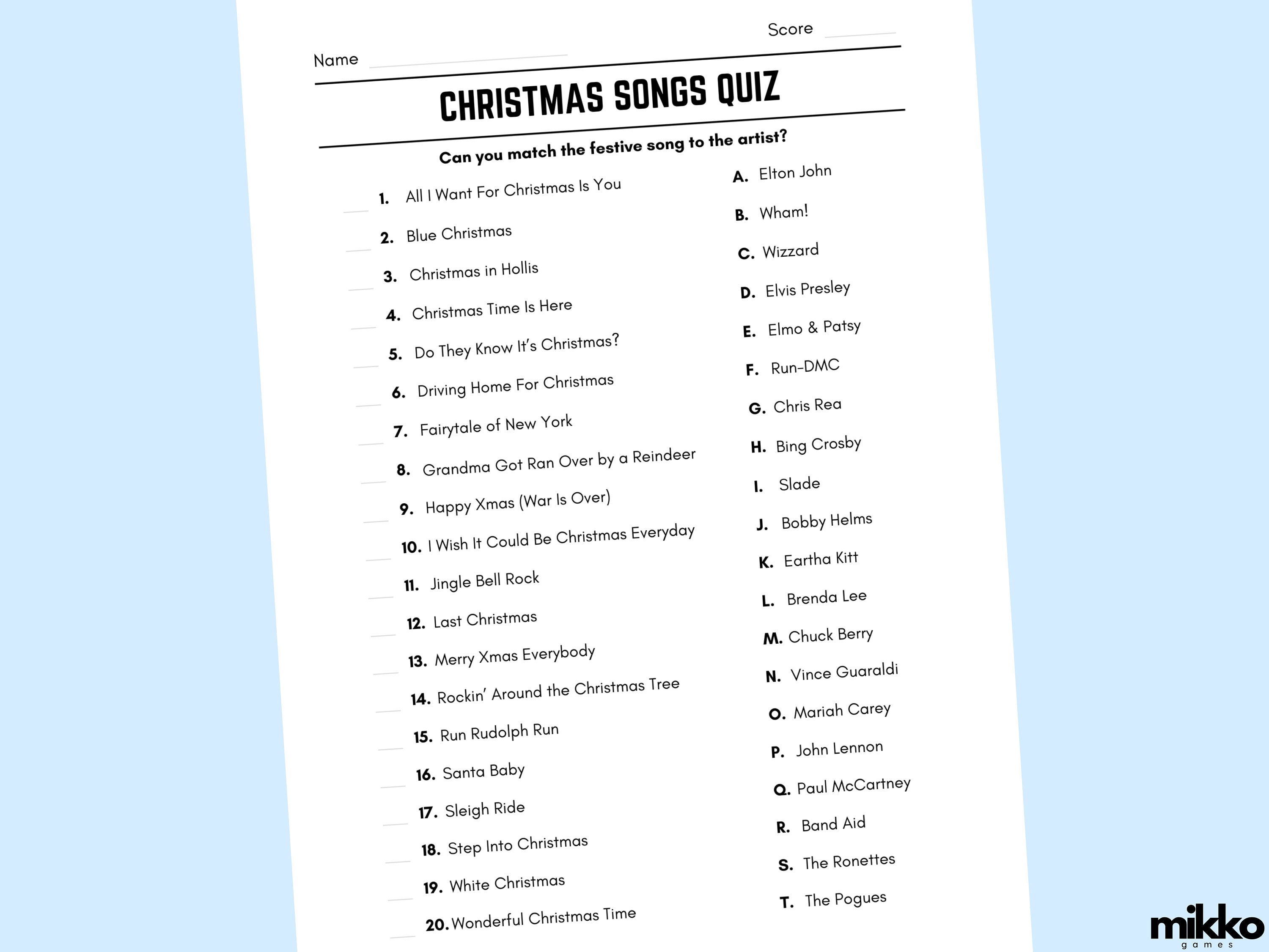 Printable Christmas Songs Match up Quiz With Answers - Etsy