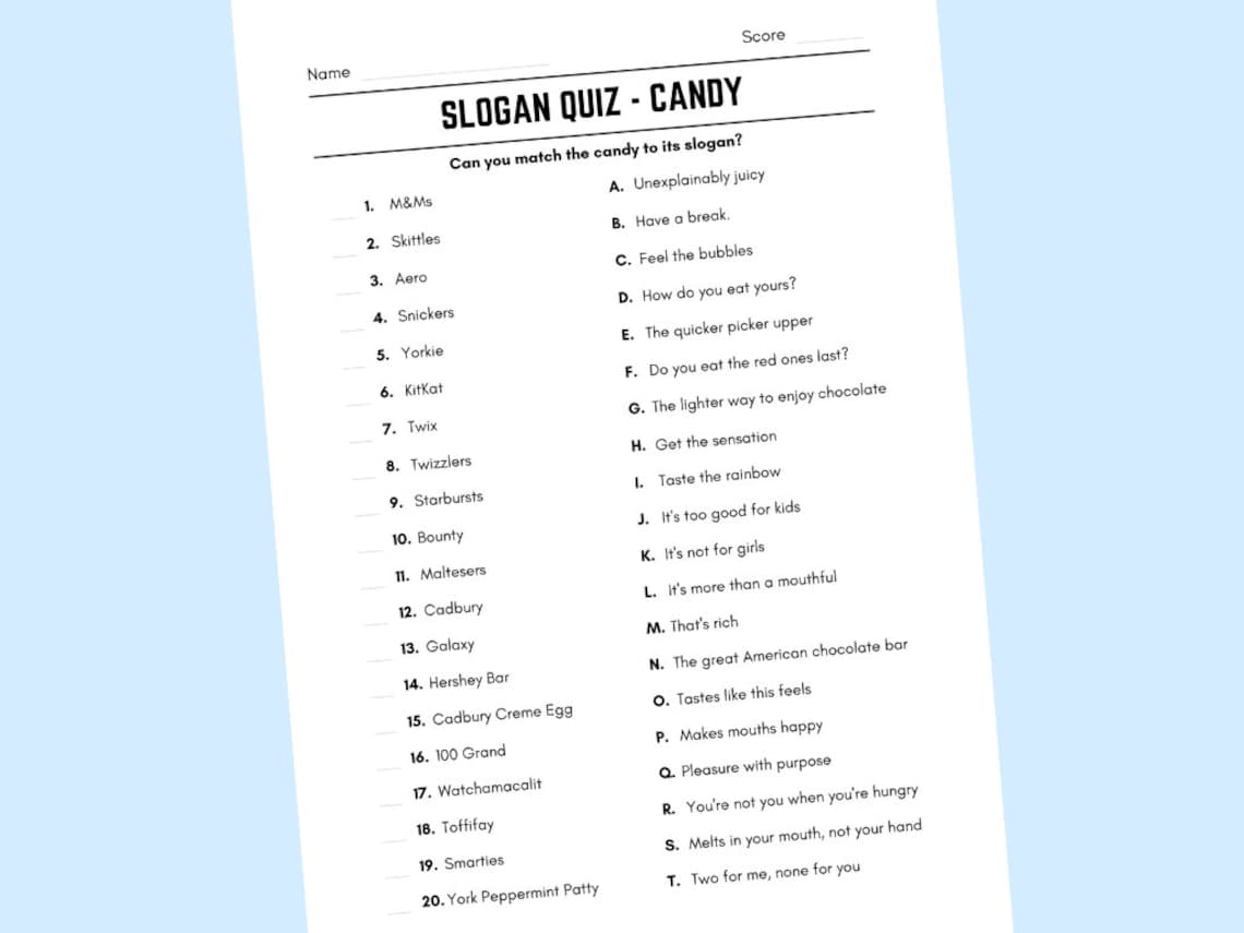 Printable Candy Slogan Match up Quiz With Answers - Etsy UK