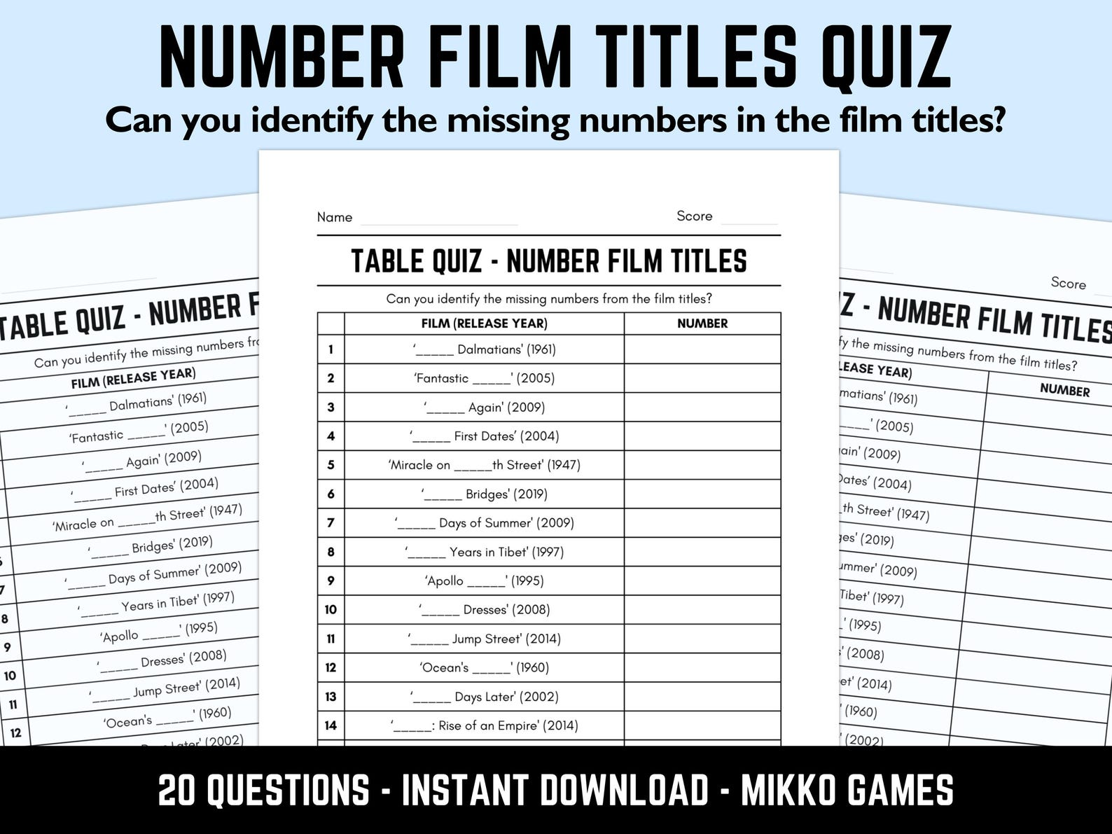Printable Number Film Titles Table Quiz With Answers: Downloadable Pub ...