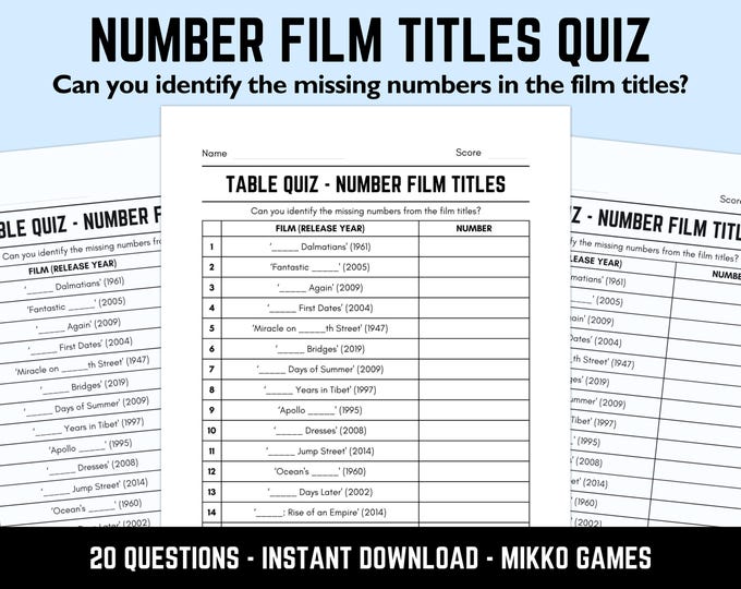 Printable Number Film Titles Table Quiz With Answers: Downloadable Pub ...