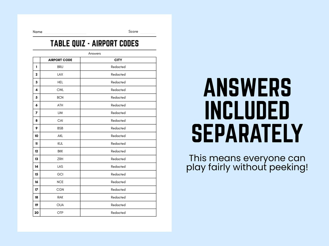 Printable Airport Codes Table Quiz With Answers: Downloadable Pub Quiz ...