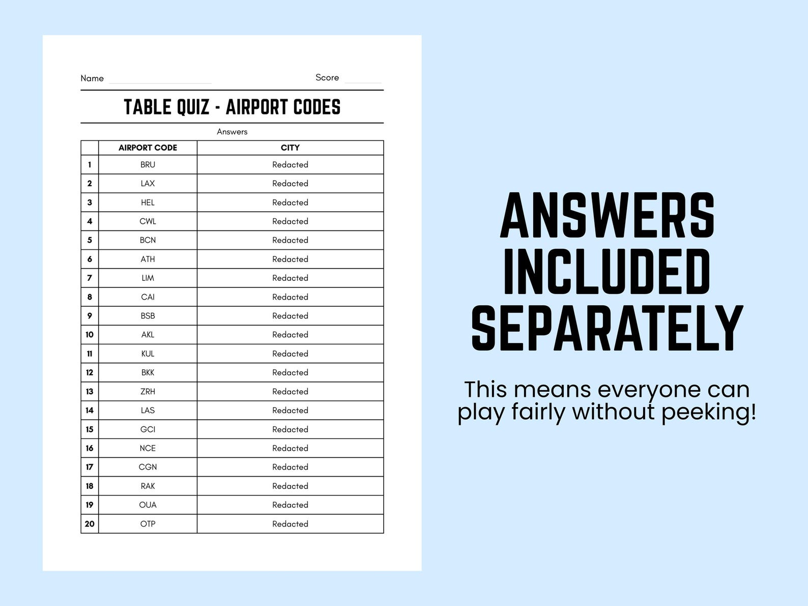 Printable Airport Codes Table Quiz With Answers: Downloadable Pub Quiz ...
