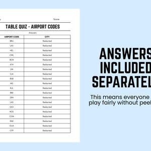 Printable Airport Codes Table Quiz With Answers: Downloadable Pub Quiz ...