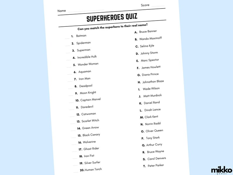 Printable Superheroes Match up Quiz: Downloadable Table Quiz, Pub Quiz ...