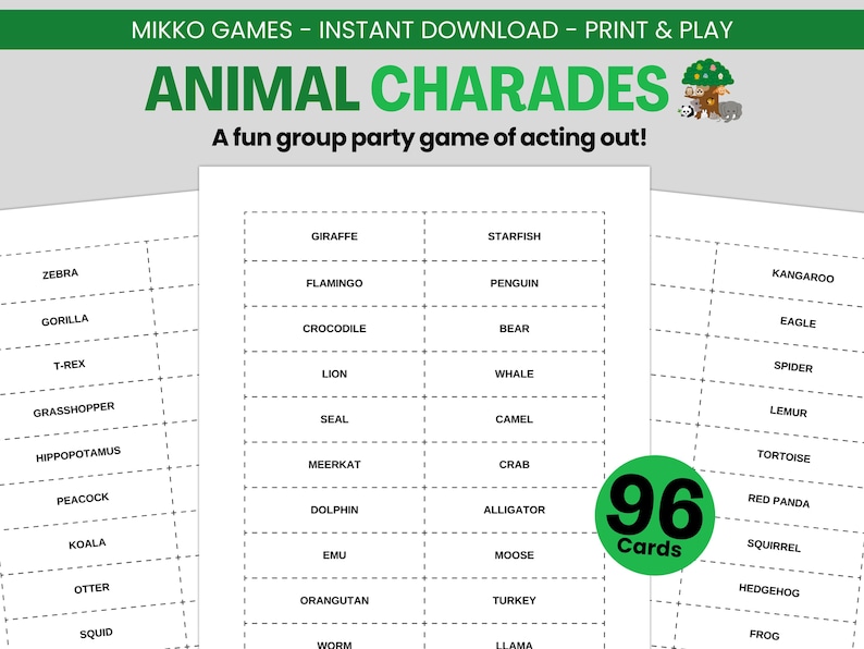 Animal Charades – Printable Party Game | Downloadable Animal Charades ...