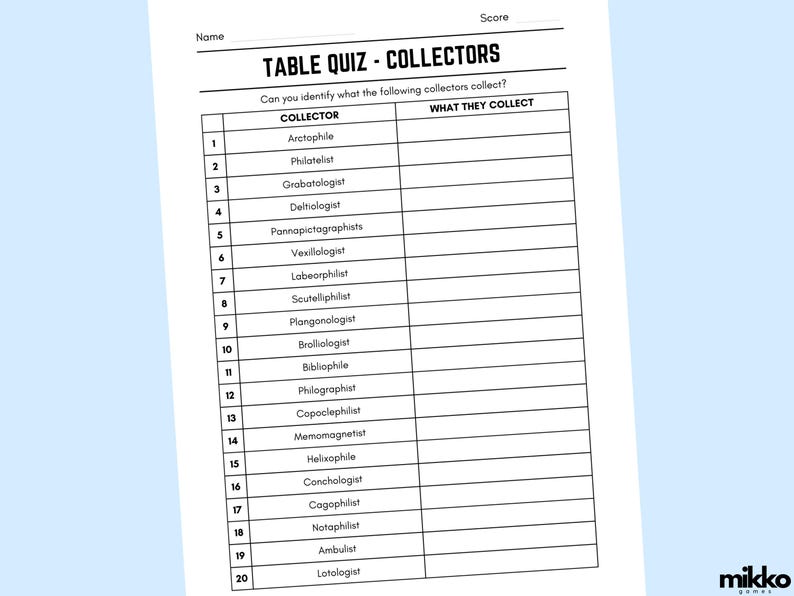 Printable Collectors Table Quiz With Answers: Downloadable Pub Quiz ...