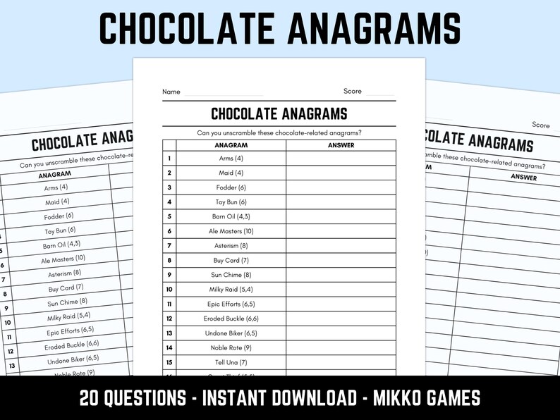 Printable Chocolate Anagrams Quiz With Answers: Fun Word Puzzles, Word ...