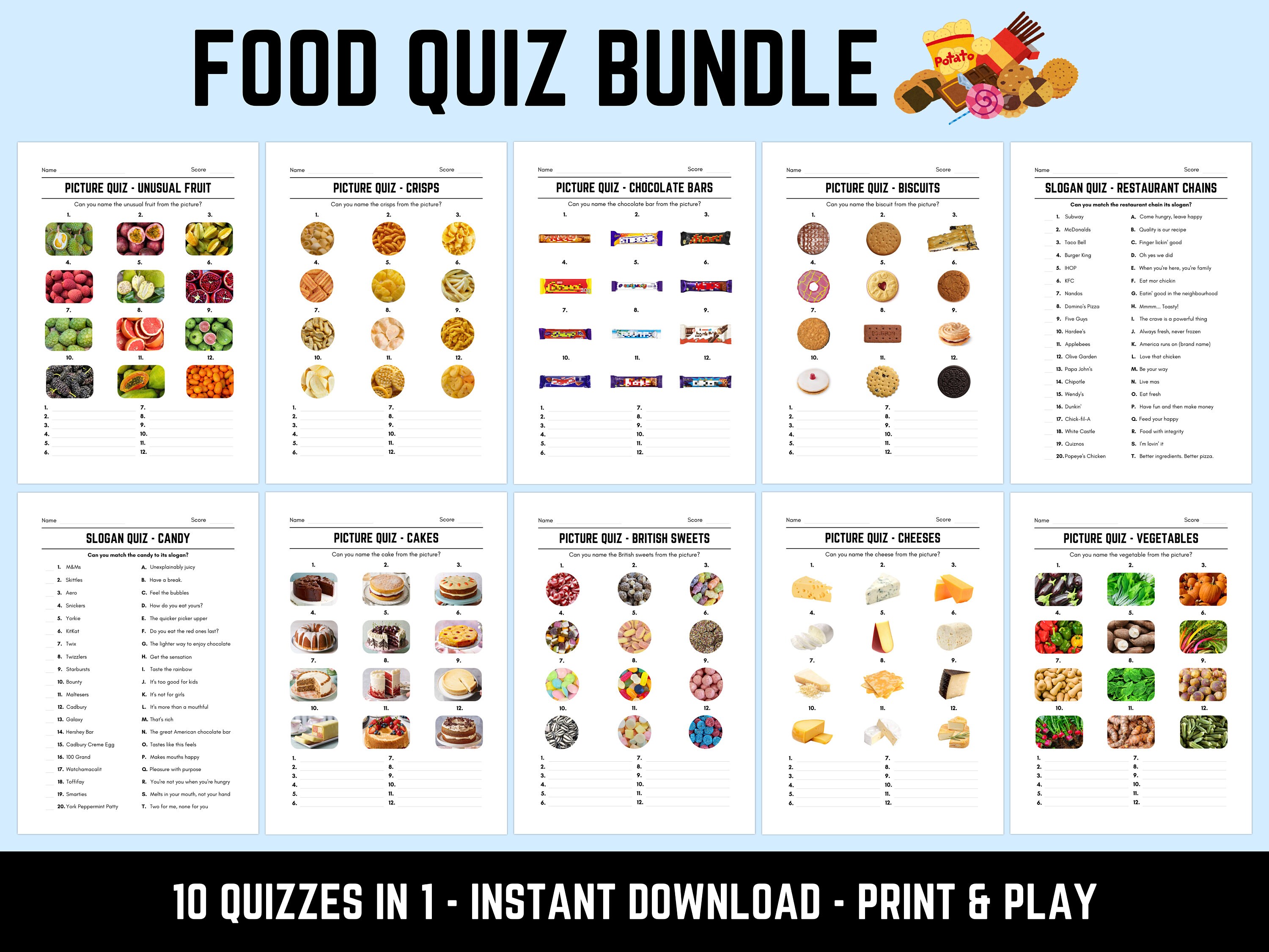 Printable Food and Snack Quiz Bundle 10 Fun Quizzes in 1 Birthday Party ...