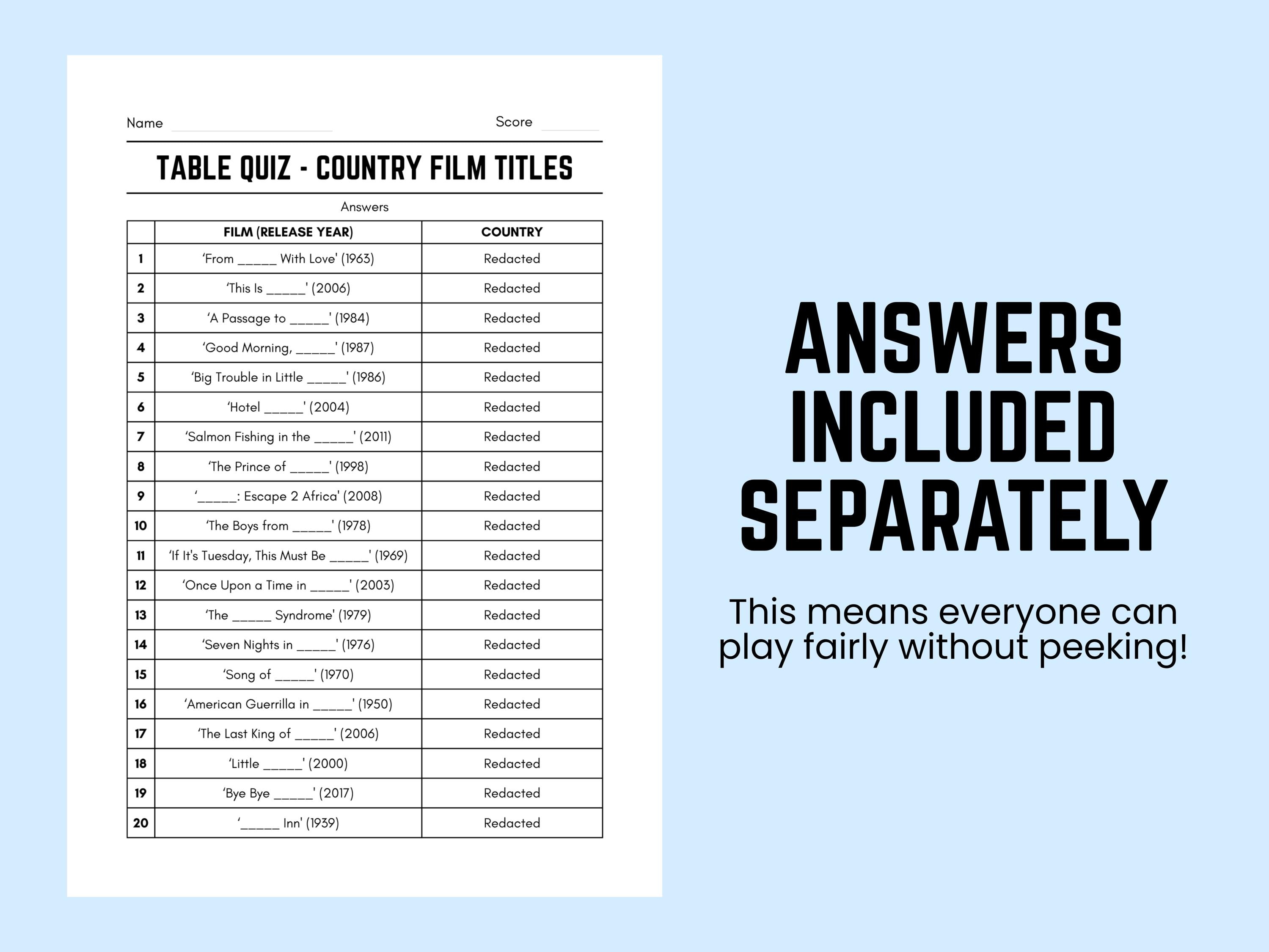 Printable Country Film Titles Table Quiz With Answers: Downloadable Pub ...