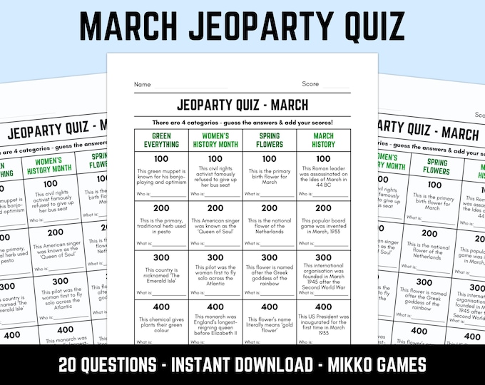 Printable March Jeoparty Quiz: Jeopardy Questions and Answers, Large ...