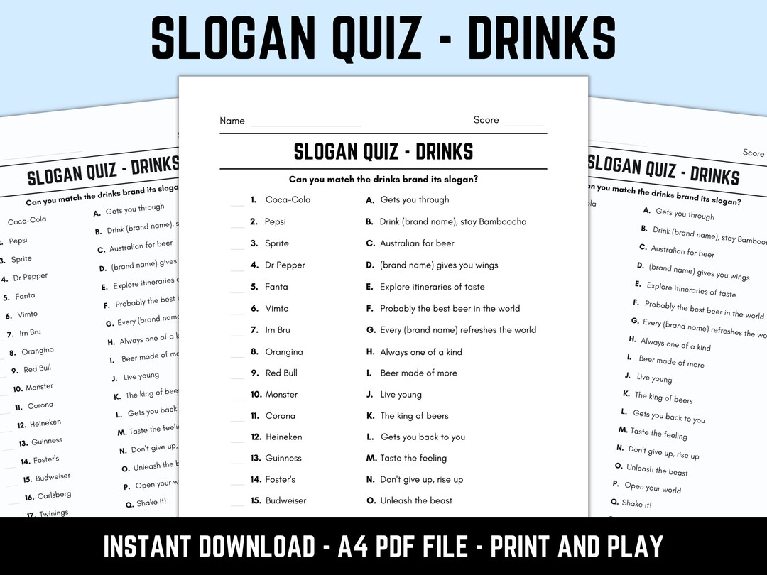 Printable Drinks Slogan Match up Quiz With Answers - Etsy