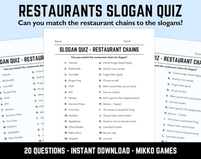 Printable Restaurant Chains Slogan Match up Quiz: Downloadable Table ...