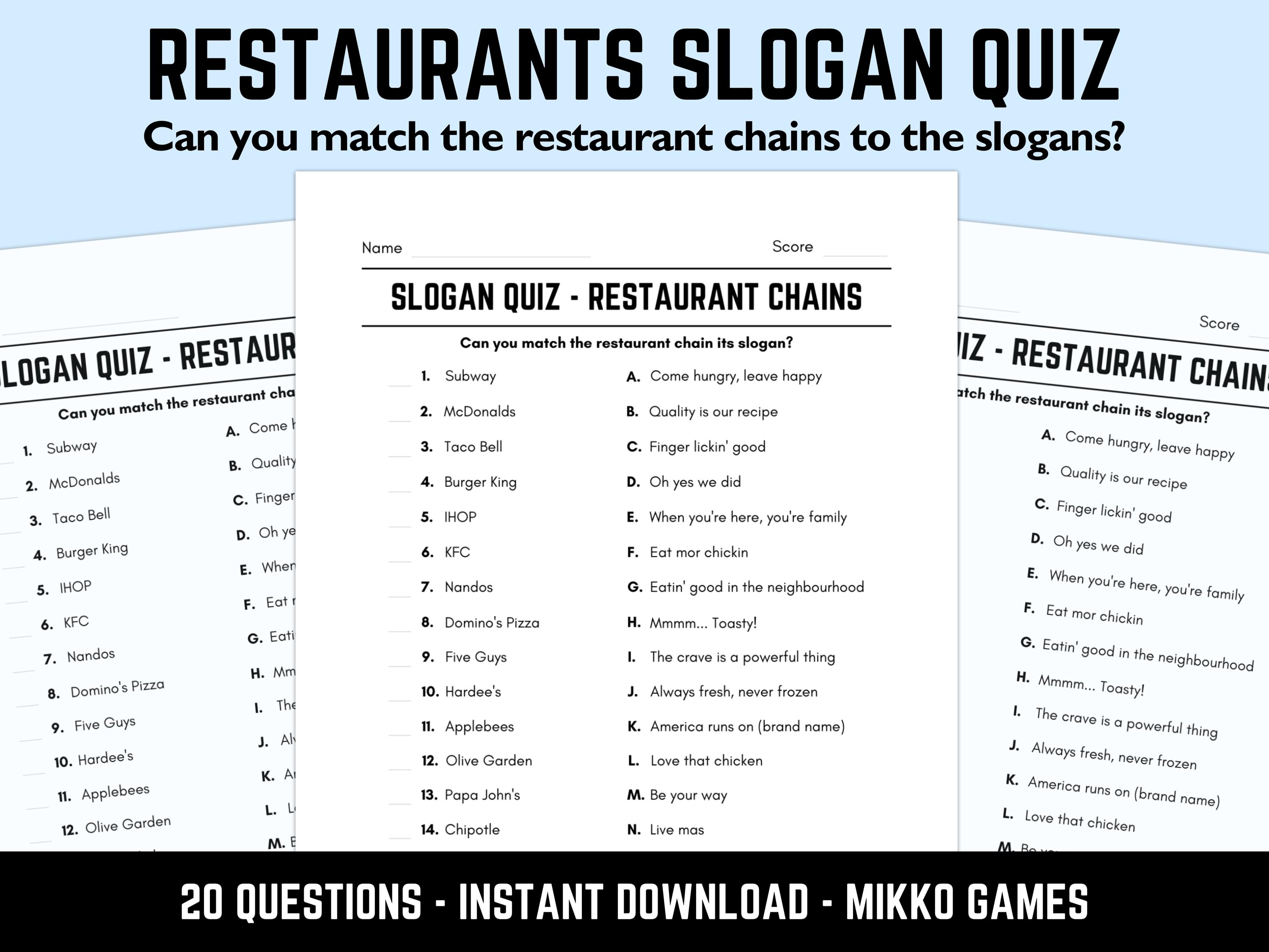 Printable Restaurant Chains Slogan Match up Quiz: Downloadable Table ...
