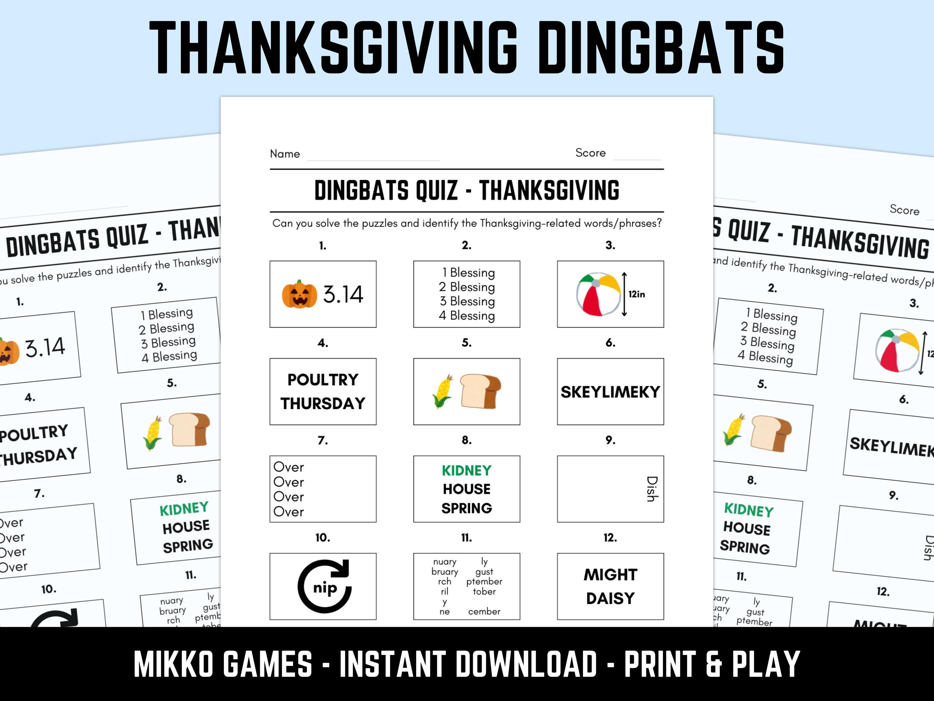 Printable Thanksgiving Dingbats Picture Quiz With Answers: Downloadable ...