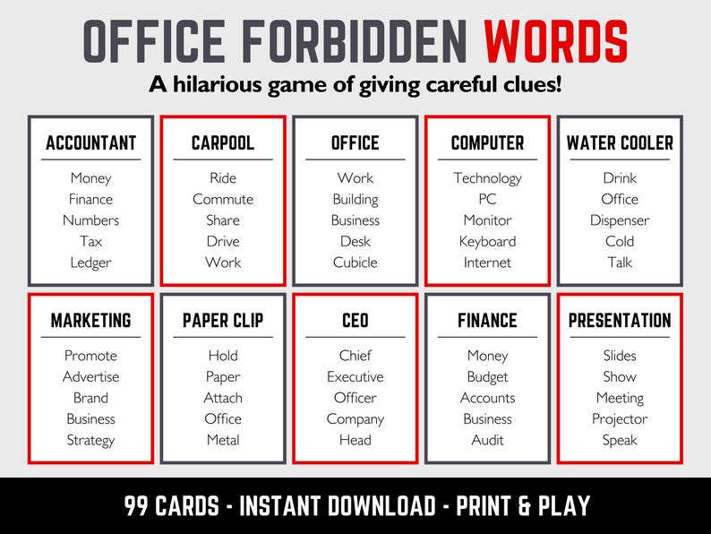 Office Forbidden Words Printable Work Game Downloadable Office Taboo ...