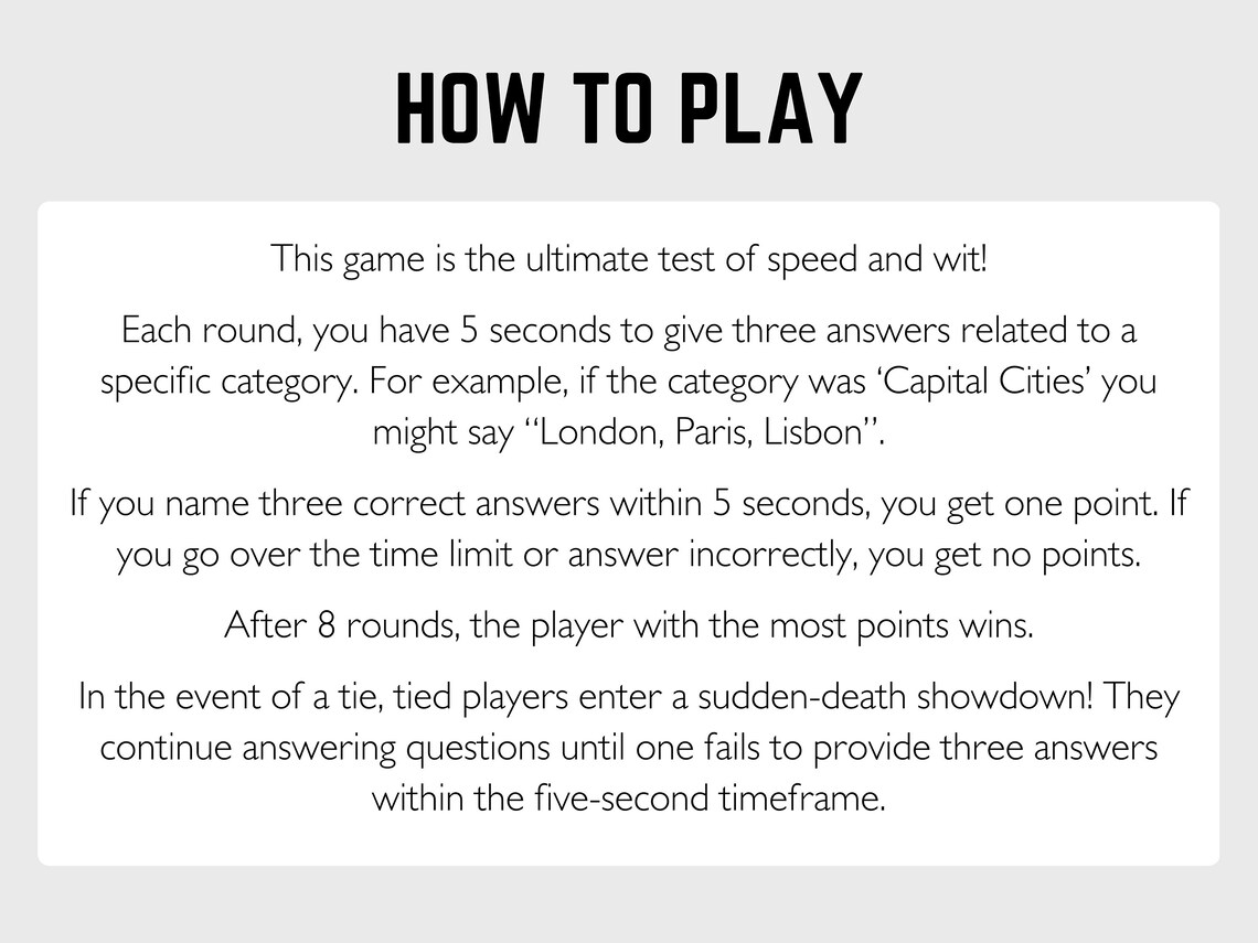 Family 5 Second Game Printable Party Game Downloadable 5 Second Rule ...