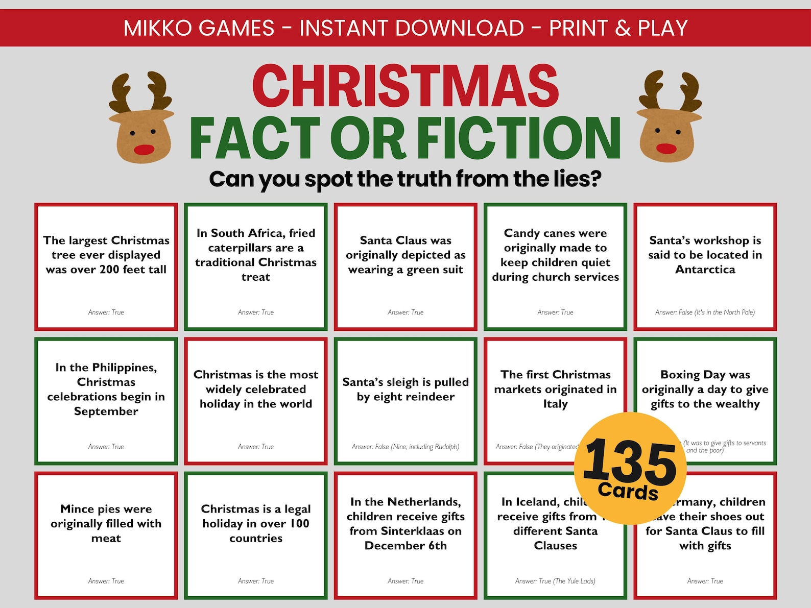 Christmas Fact or Fiction – Printable Xmas Party Game | Downloadable ...