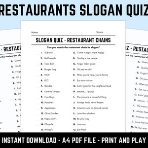 Printable Restaurant Chains Slogan Match up Quiz With Answers - Etsy
