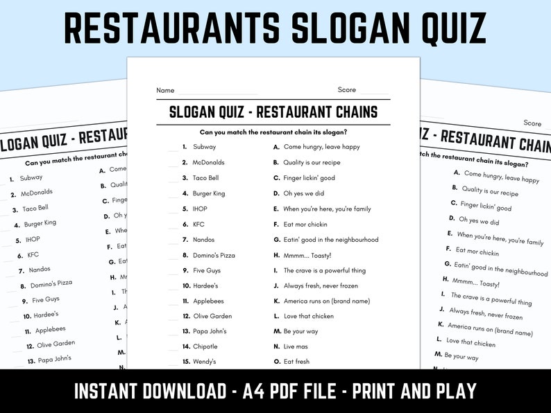 Printable Restaurant Chains Slogan Match up Quiz With Answers - Etsy