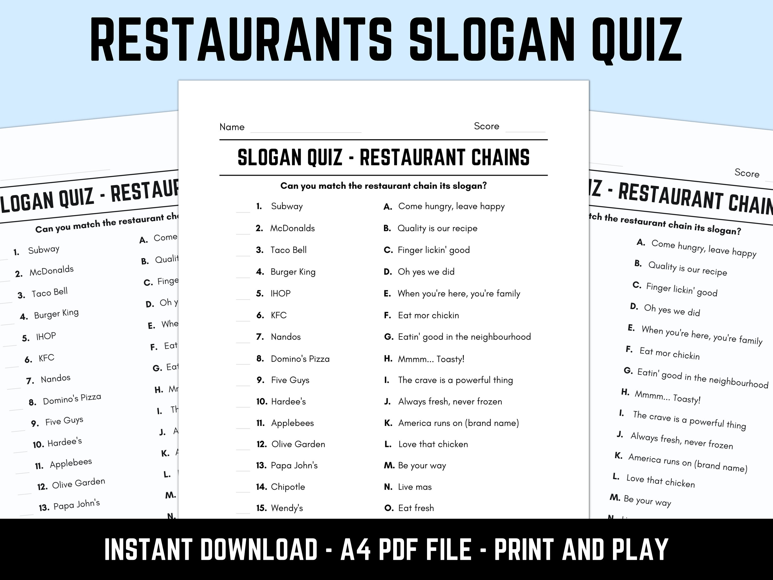 Printable Restaurant Chains Slogan Match up Quiz With Answers - Etsy